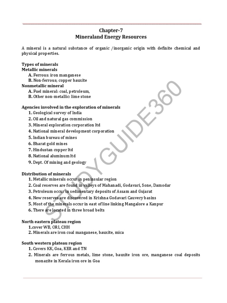 Geography Key Notes CH 07 Mineral and Energy Resources | PDF | Minerals ...