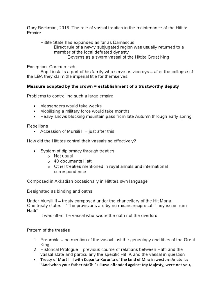Gary Beckman, 2016, The Role of Vassal Treaties in The Maintenance of The Hittite Empire | PDF ...