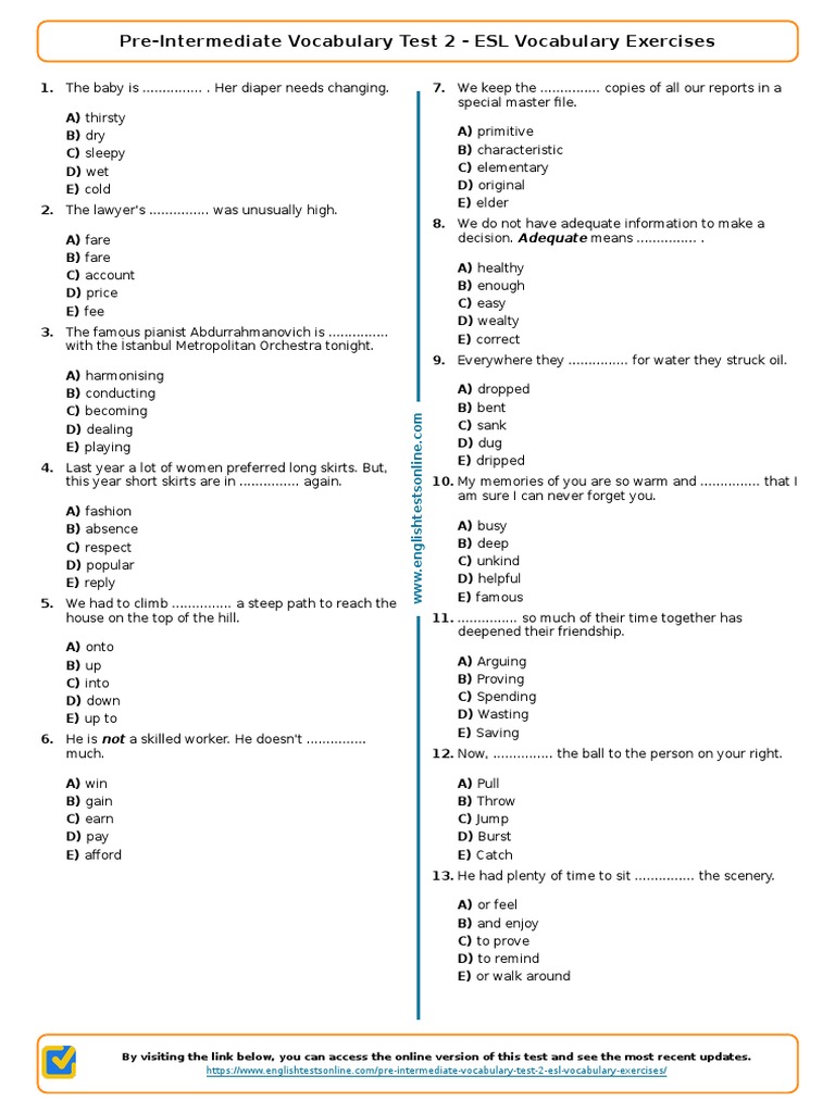 Pre-Intermediate Vocabulary Test 2 - ESL Vocabulary Exercises | PDF ...