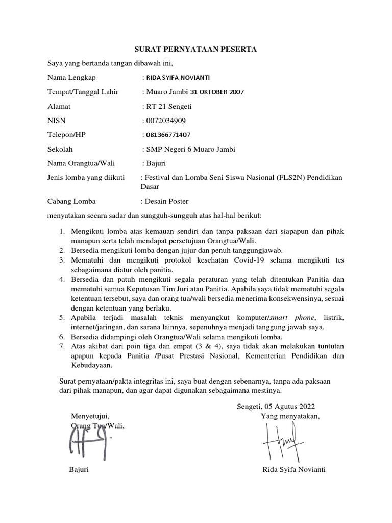 Surat Pernyataan Peserta Fls2n Dikdas Rida | PDF | Hukum | Kesehatan ...