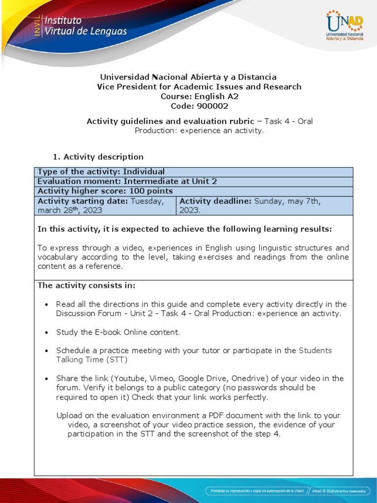 Activity Guide and Evaluation Rubric - Unit 2 - Task 4 - Oral Production - Experience An ...
