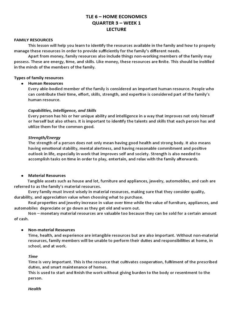 Tle 6 - Home Economics Quarter 3 - Week 1: Family Resources | PDF ...
