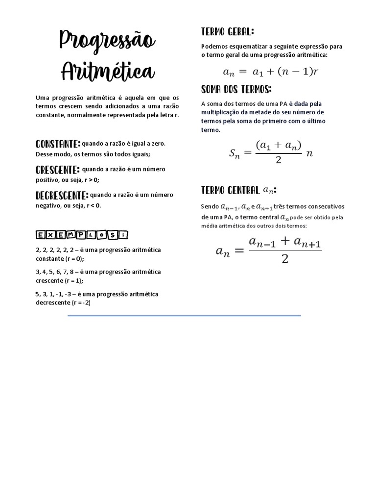Progressão aritmética: conceito, fórmula e exemplos | PDF