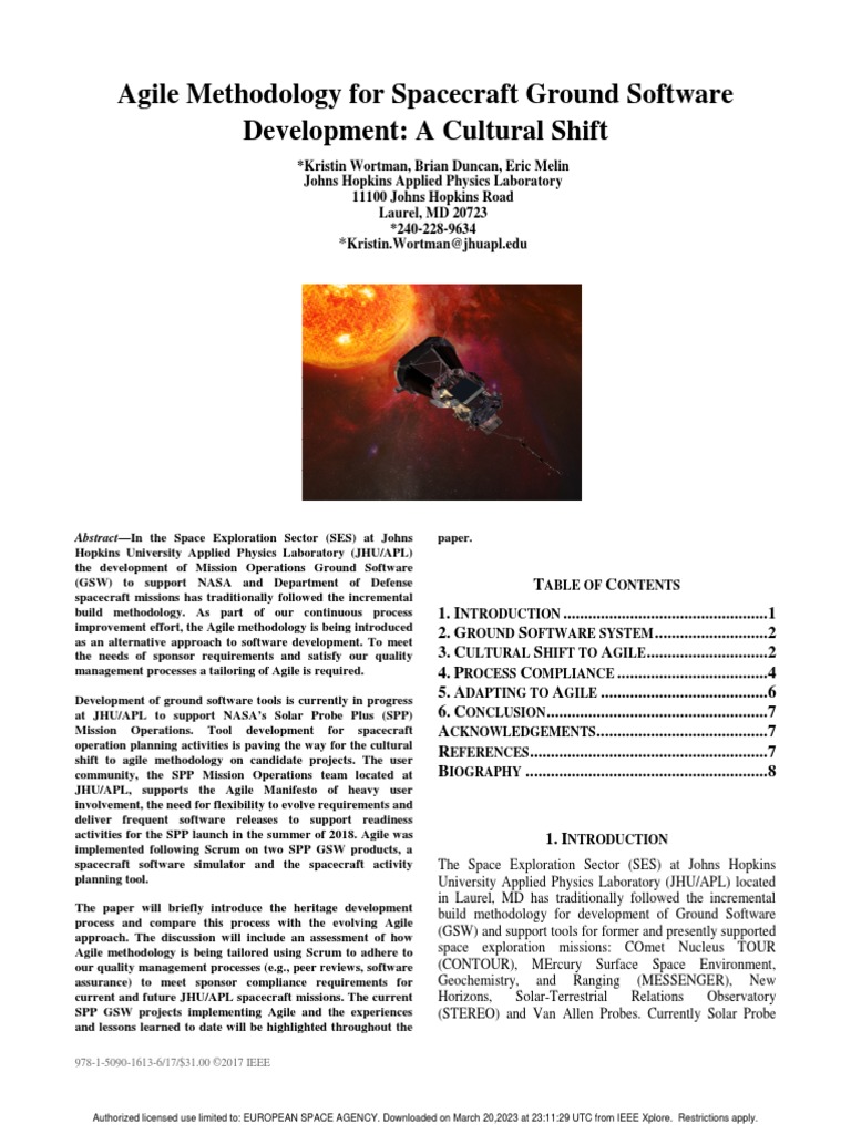 Agile Methodology For Spacecraft Ground Software Development A Cultural