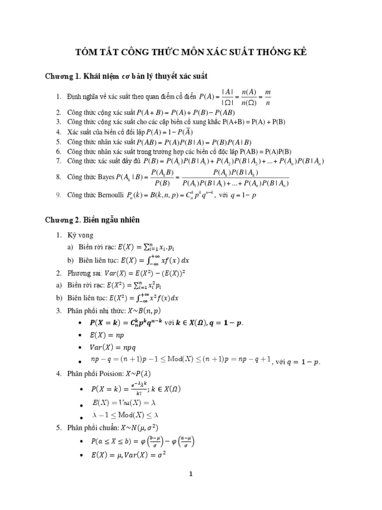Tóm tắt công thức môn XSTK | PDF