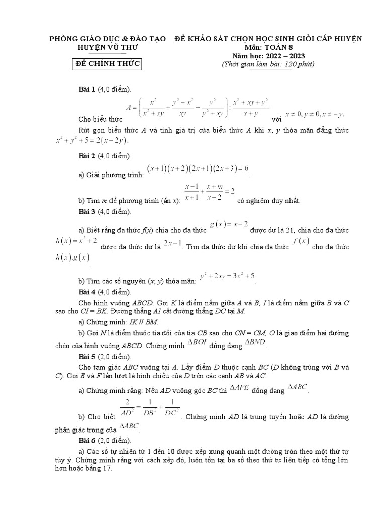 De Hoc Sinh Gioi Toan 8 Nam 2022 2023 Phong GDDT Vu Thu Thai Binh | PDF