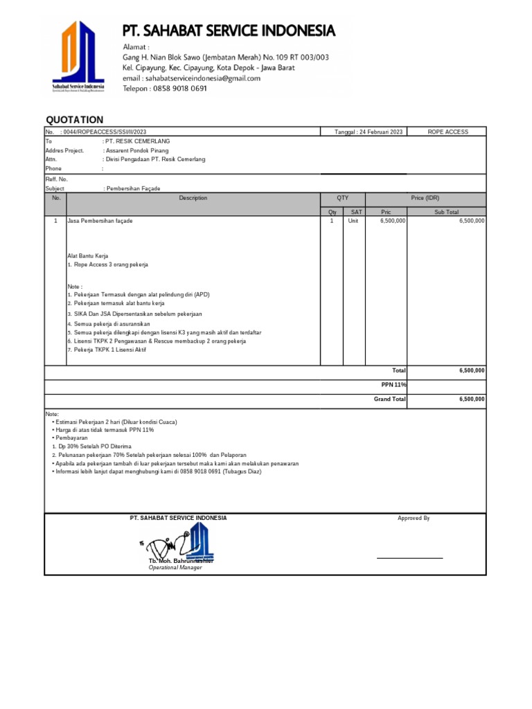 Penawaran Harga Assarent Pondok Pinang | PDF