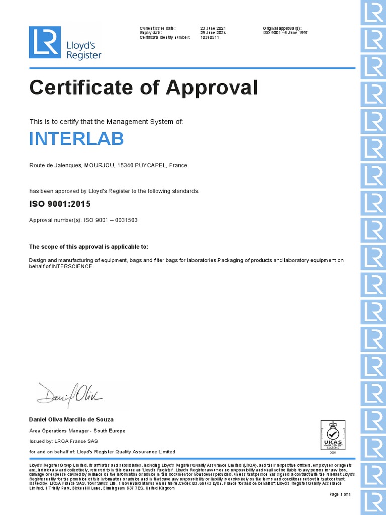 ISO 9001 Certification for INTERLAB | PDF