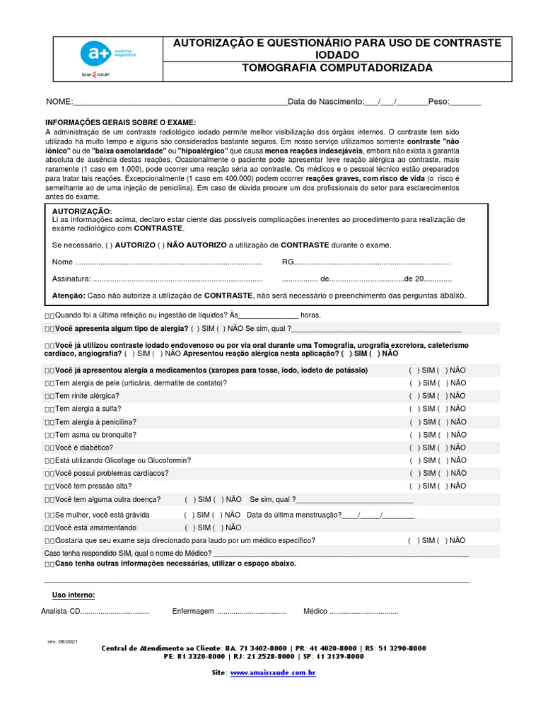 Autorização e Questionário para Uso de Contraste Iodado | PDF | Alergia ...