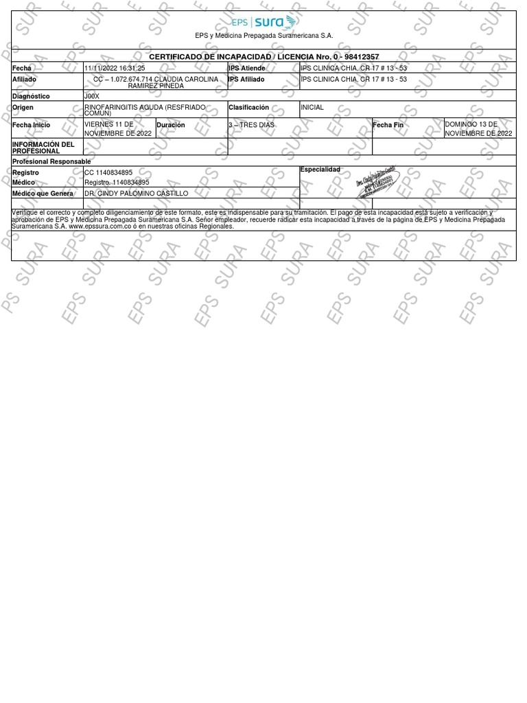 Certificado Incapacidad Rinofaringitis | PDF