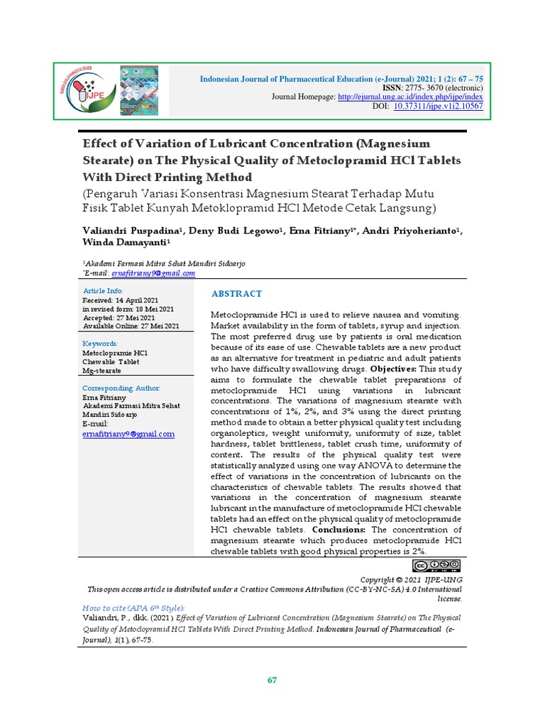 Effect of Variation of Lubricant Concentration (Magnesium Stearate) On ...