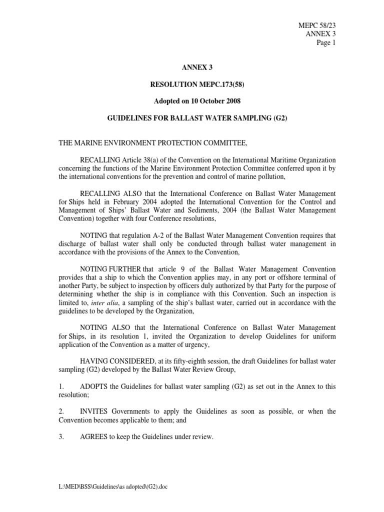 Annex 3 RESOLUTION MEPC.173 (58) Adopted On 10 October 2008 Guidelines For Ballast Water ...