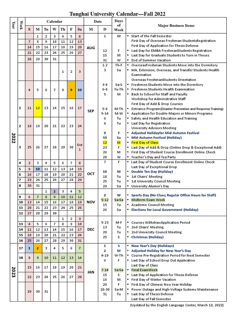 Tunghai Calendar 2022 2023 | PDF | Academic Term | Thesis