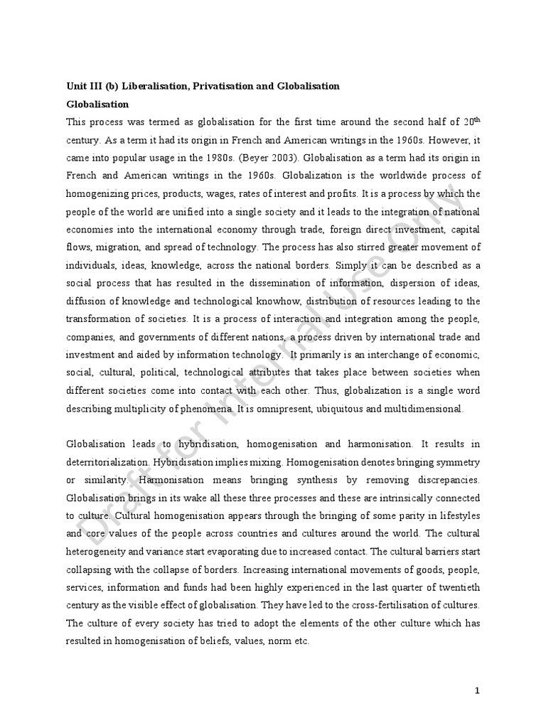 Unit III (B) Liberalisation, Privatisation and Globalisation Globalisation | PDF | Globalization ...