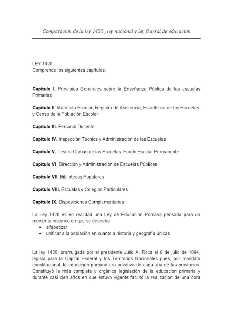 Comparacion de La Ley 1420 Ley Nacional | PDF | Educación primaria ...