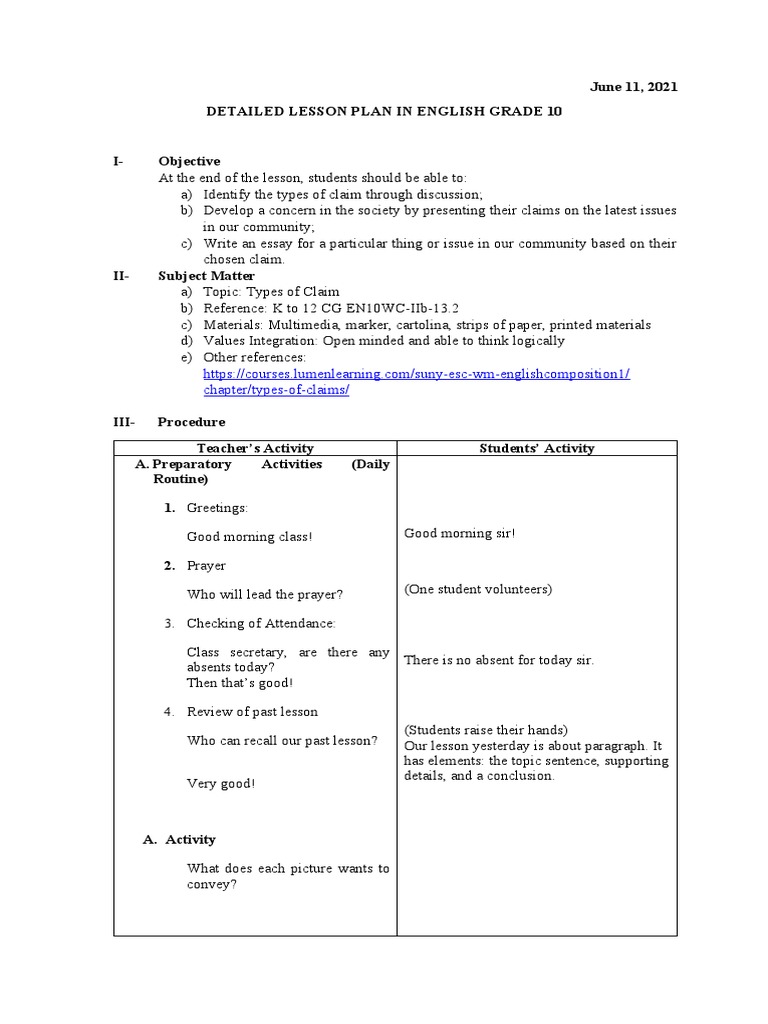 June 11, 2021 Detailed Lesson Plan in English Grade 10: Chapter/types-Of-Claims | PDF | Evidence ...