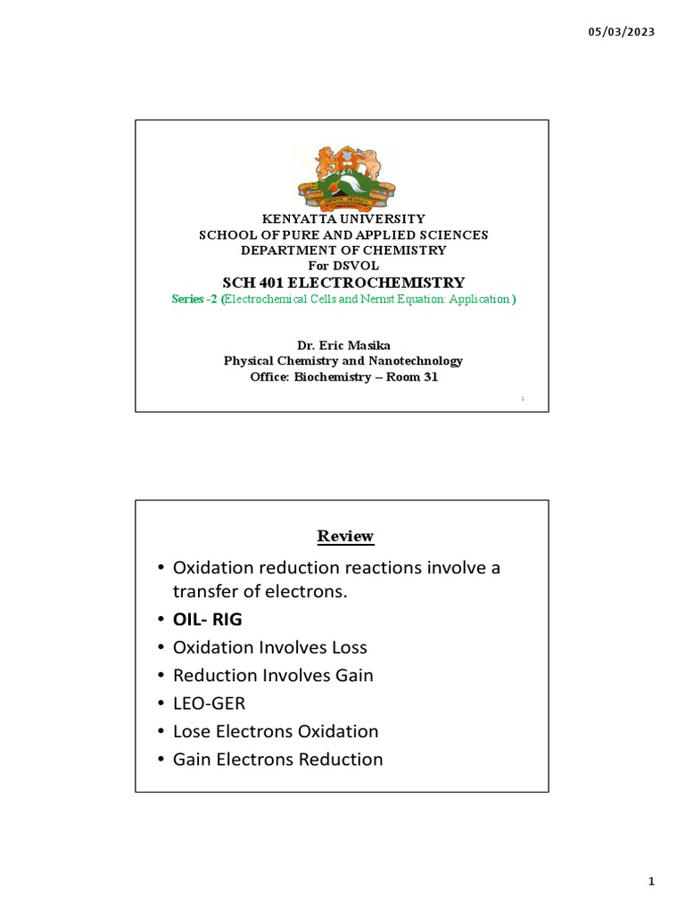 2 - SCH 401 - Electrochemical Cells and Nernst Equation (Compatibility Mode) | PDF ...