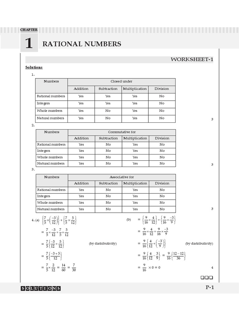 Rational Numbers: Worksheet-1 | PDF | Integer | Multiplication
