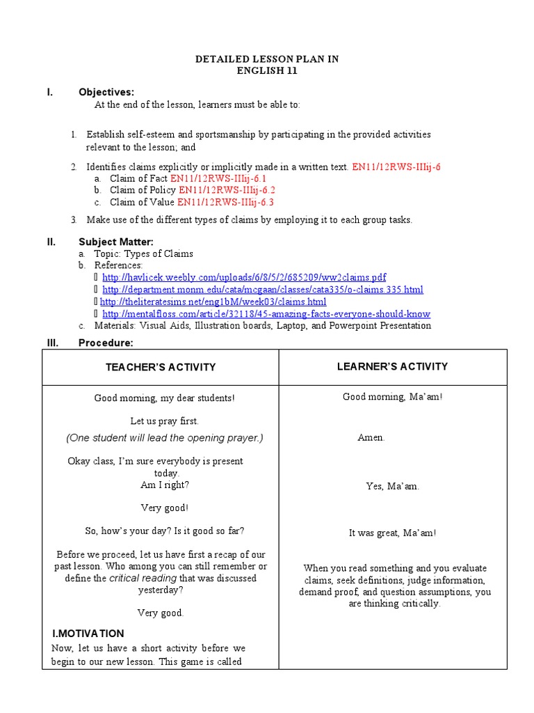 Deatailed Lesson Plan For Types of Claim PDF Free | PDF | Lesson Plan