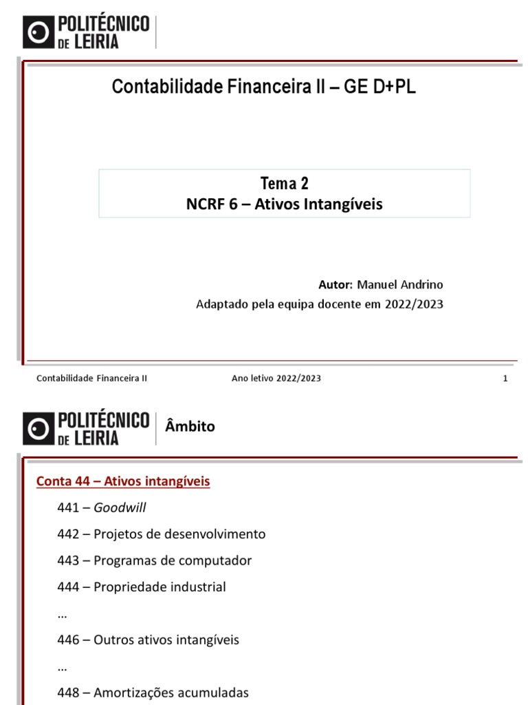 Contabilidade Financeira II - GE D+PL: Tema 2 NCRF 6 - Ativos Intangíveis | PDF | Patrimônio de ...