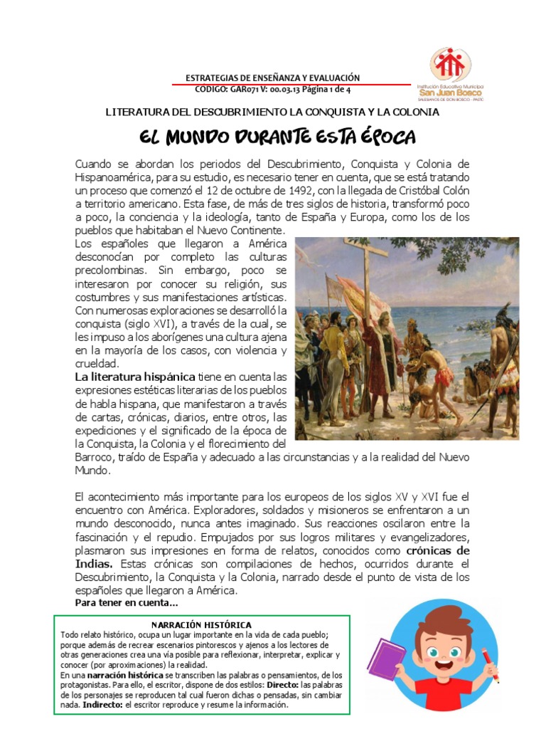 9 - 2 Taller - Literatura Del Descubrimiento, La Conquista y La Colonia ...