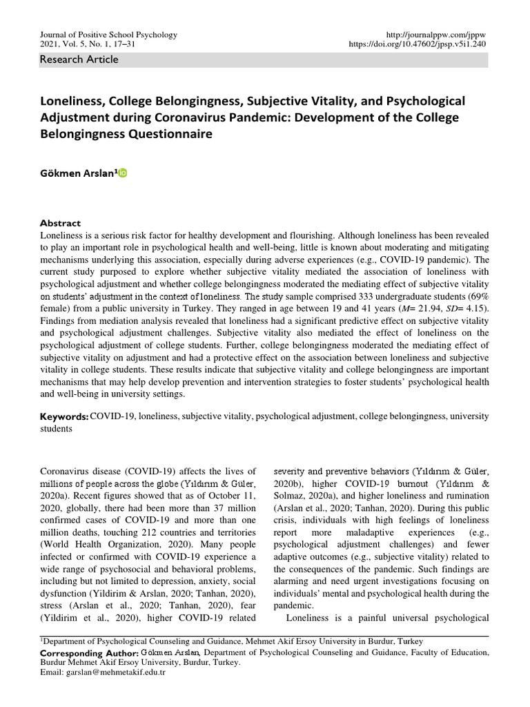 Loneliness, College Belongingness, Subjective Vitality, and ...