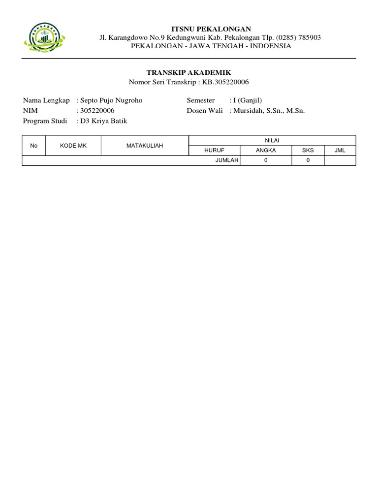 Itsnu Pekalongan Academic Transcript Pdf