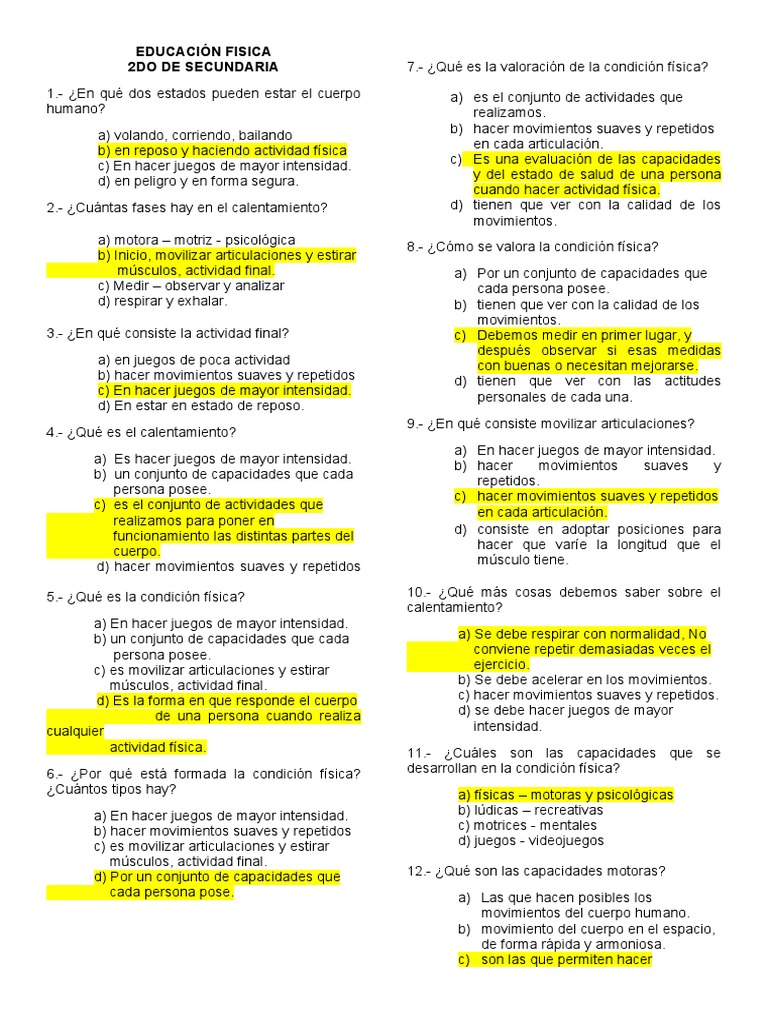 Examen de Educación Física 2do Sec. | PDF