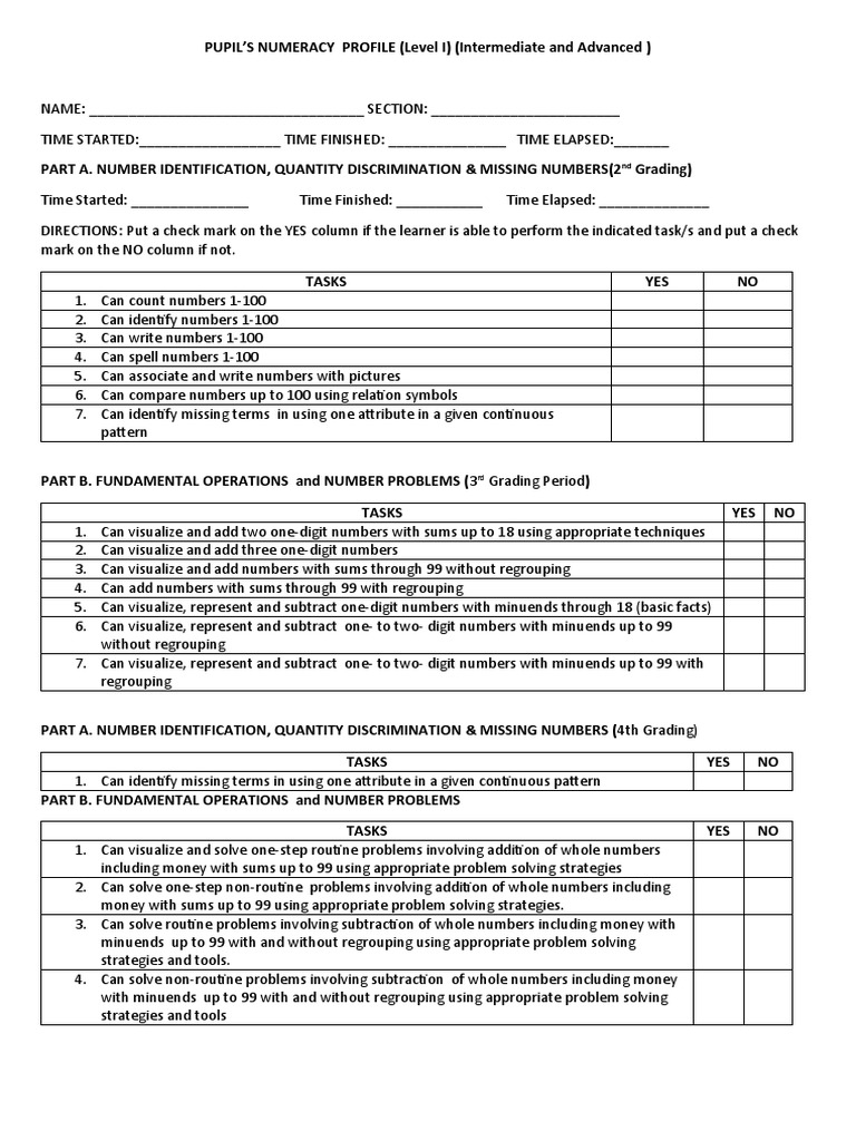 Math LITNUM Profile 2nd 4th Advanced 1 | PDF | Subtraction | Multiplication