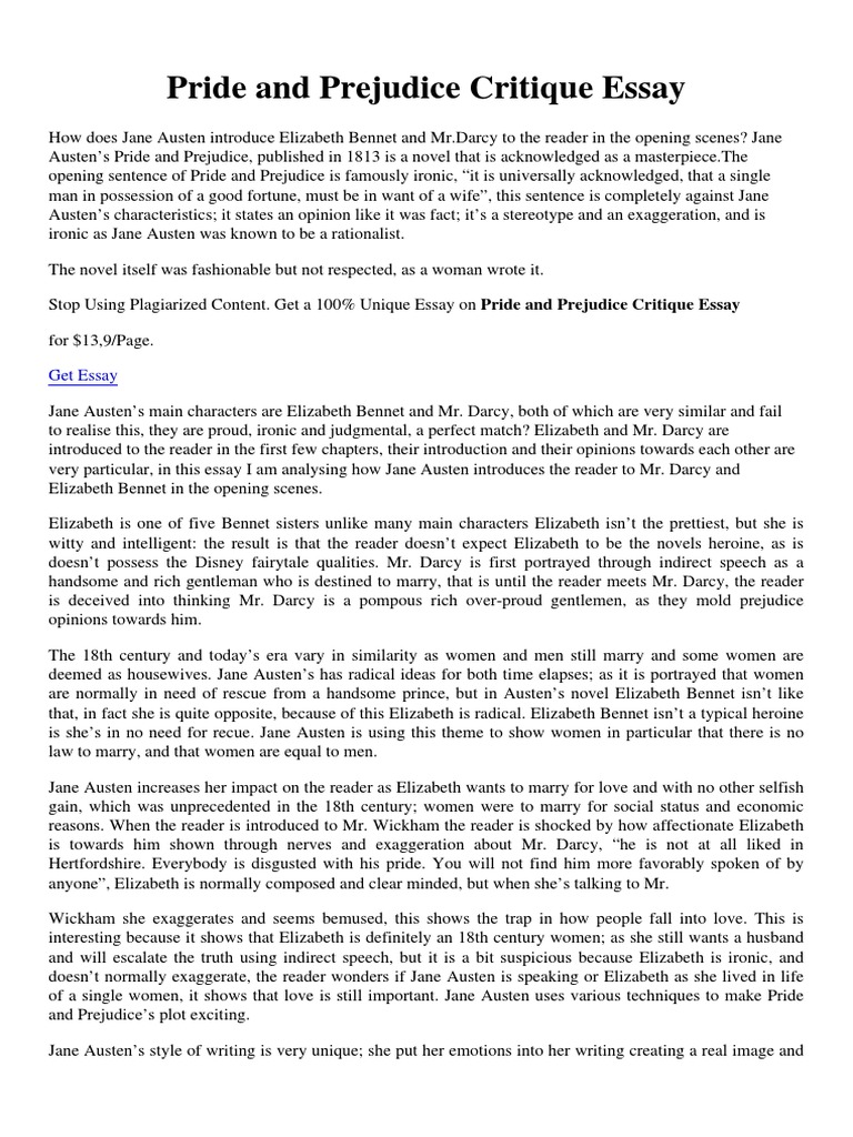 Pride_and_Prejudice_Critique_Essay | PDF | Mr. Darcy | Pride And Prejudice