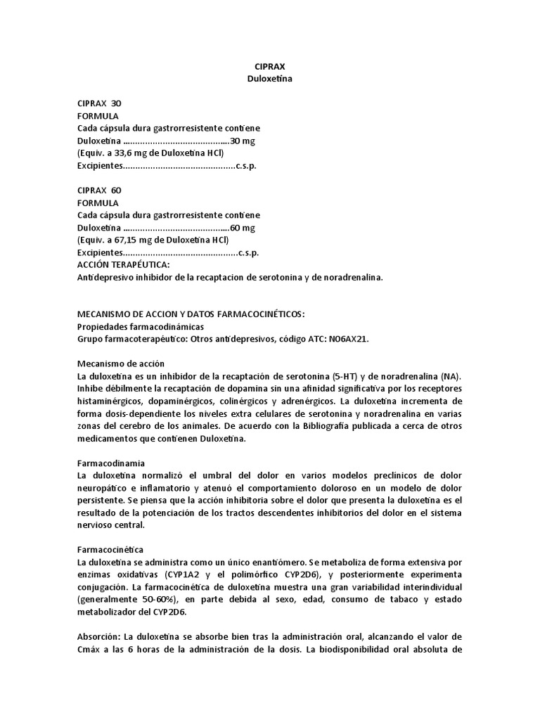 Ciprax Duloxetina | PDF | Inhibidor selectivo de la recaptación de ...