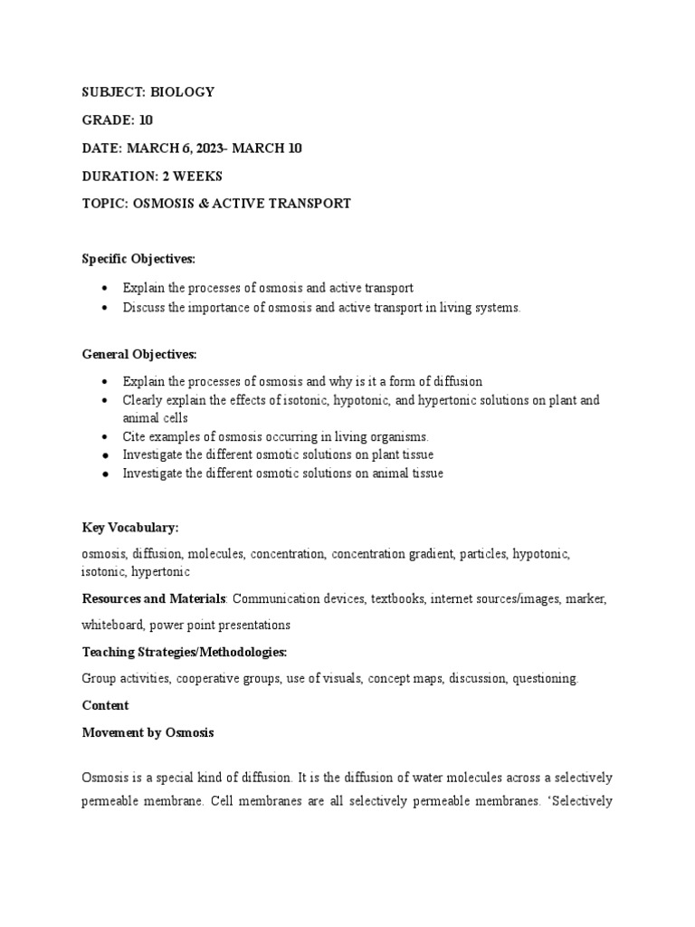 Biology Grade 10 Lesson Plan March 6 - March 10 | PDF | Osmosis | Cell ...