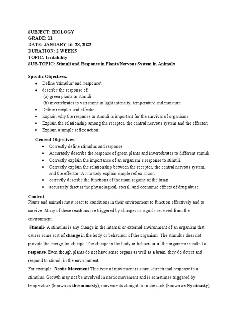 Grade 11 Biology - Irritability - Nervous System | PDF | Neuron | Nerve