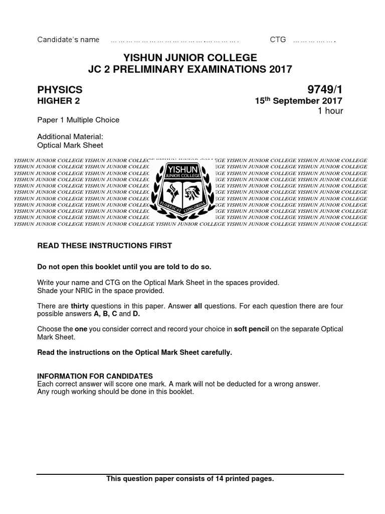 Yishun Junior College JC 2 Preliminary Examinations 2017 Physics | PDF ...