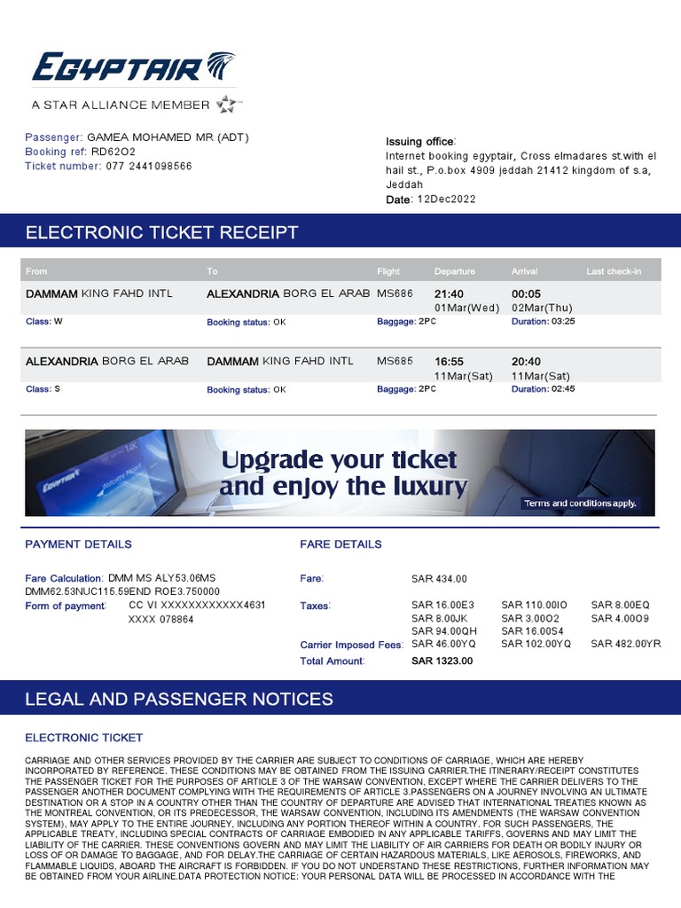 EgyptAir Ticket Receipt DMM to ALY Return | PDF