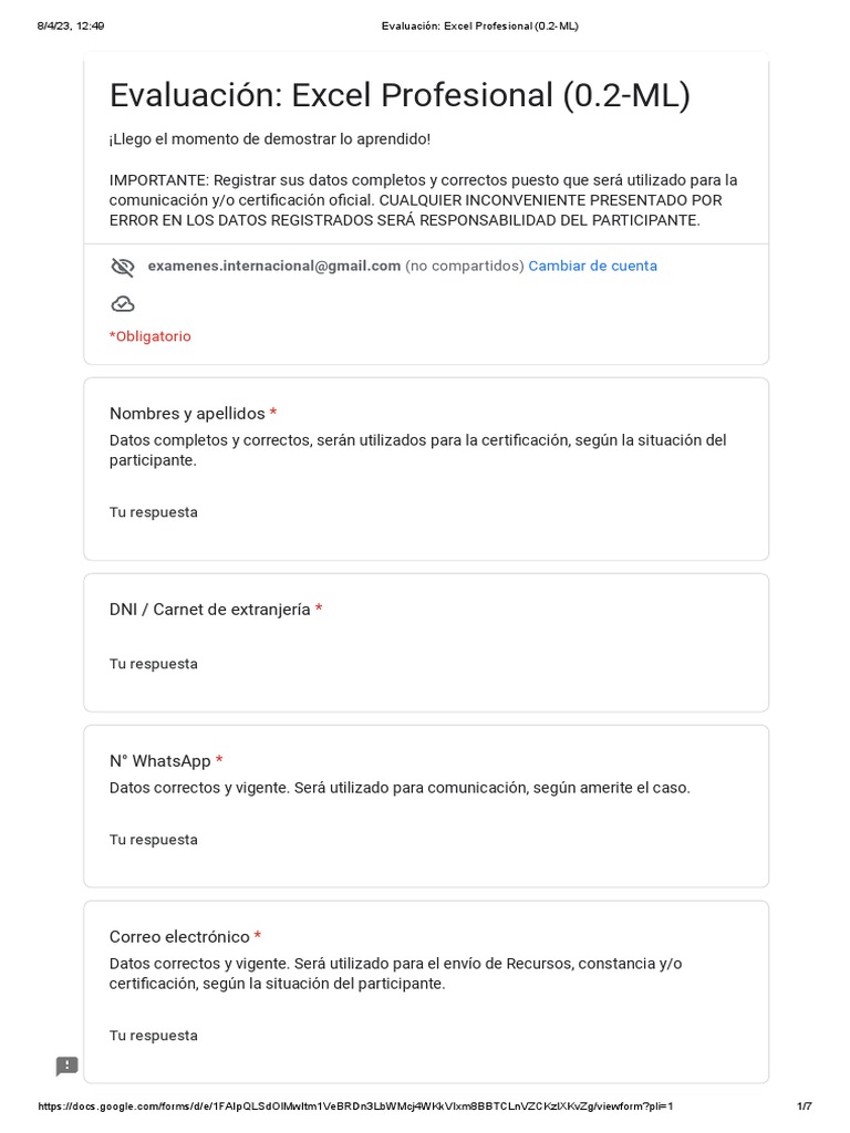 Evaluación - Excel Profesional (0.2-ML) | Descargar gratis PDF | Microsoft Excel | Ciencias de ...