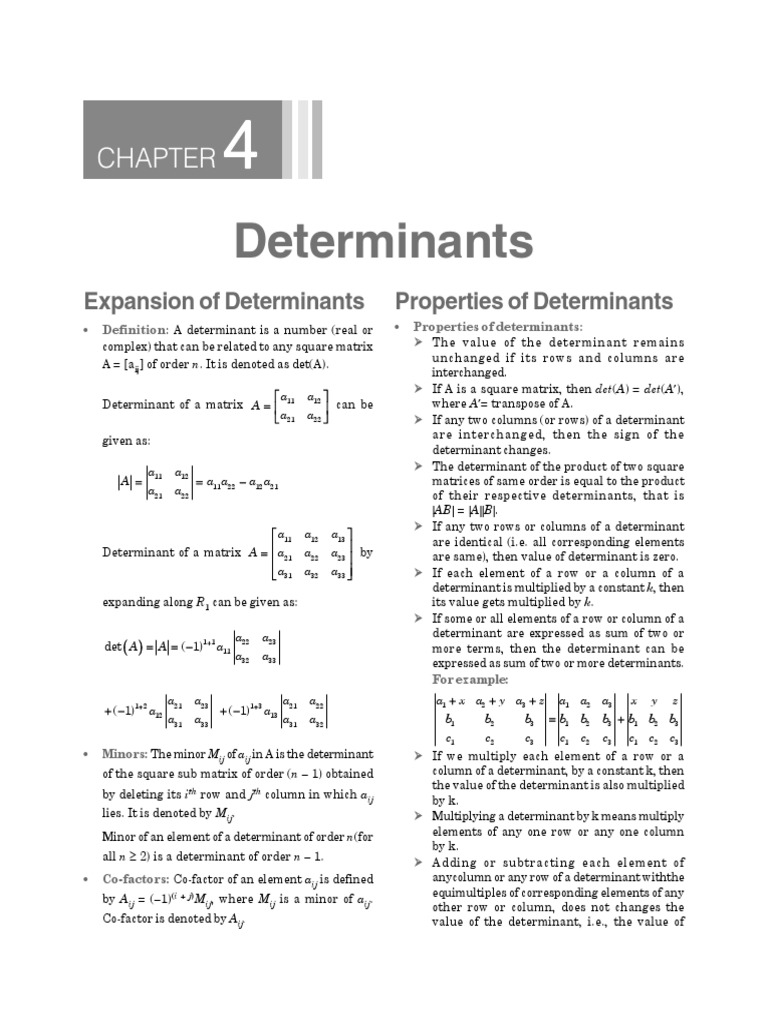 Determinants: Expansion of Determinants Properties of Determinants ...