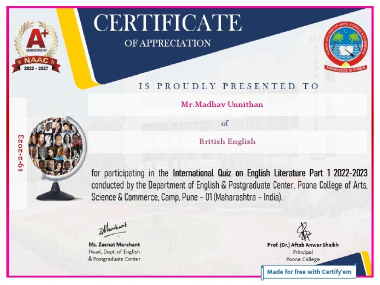 Certificate For MR - Madhav Unnithan For - INTERNATIONAL QUIZ ON ENGLI ...