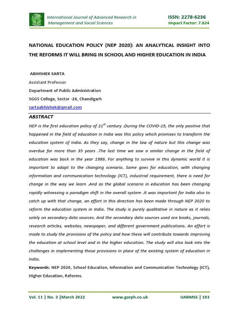 National Education Policy (Nep 2020) : An Analytical Insight Into The ...