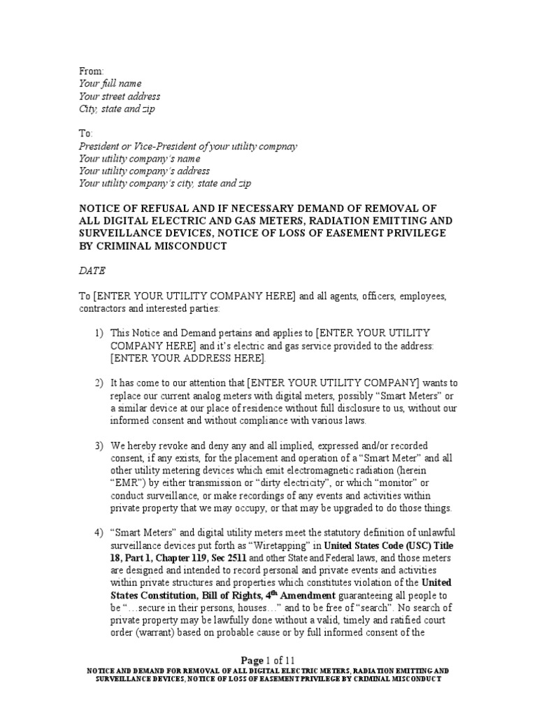 SMART Meter Refusal Letter | PDF | Electromagnetic Radiation | Surveillance
