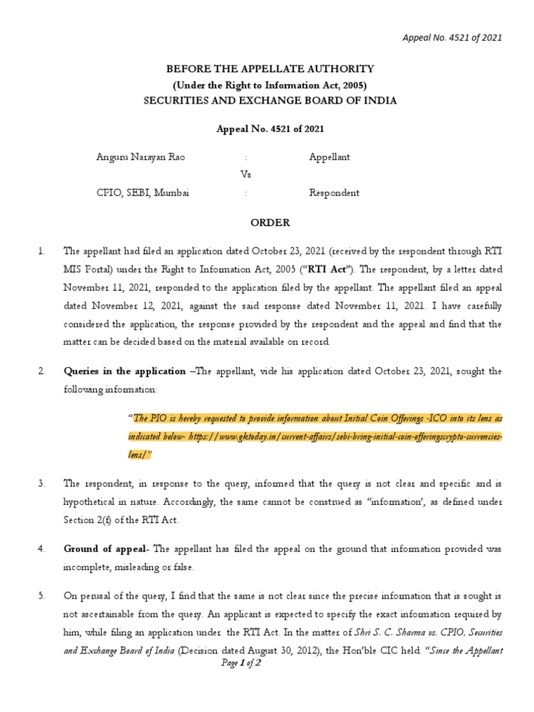 Anguru Narayan Rao Vs SEBI | PDF | Political Law | Justice