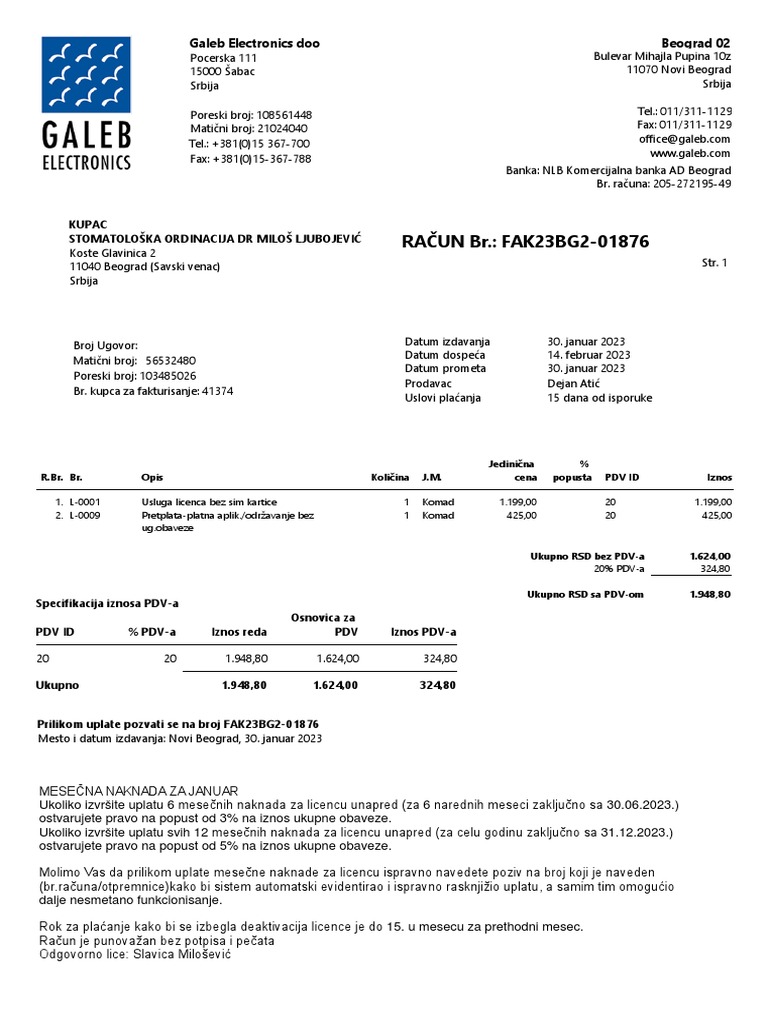 RAČUN BR.: FAK23BG2-01876: Beograd 02 Galeb Electronics Doo | PDF