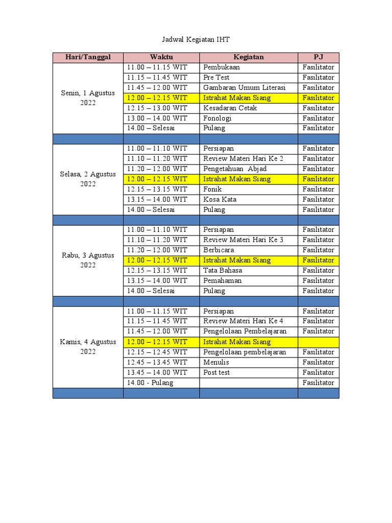 Jadwal Kegiatan IHT | PDF