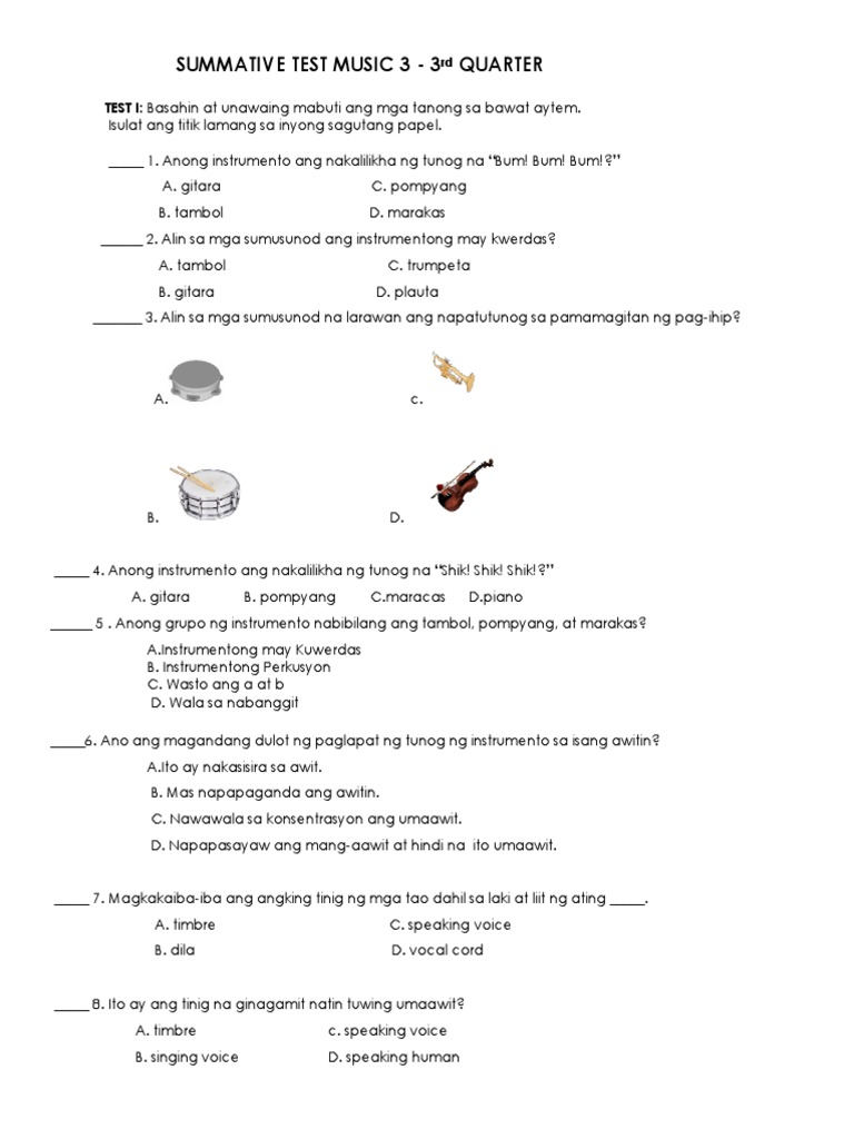 SUMMATIVE TEST MUSIC 3 3rd QUARTER | PDF