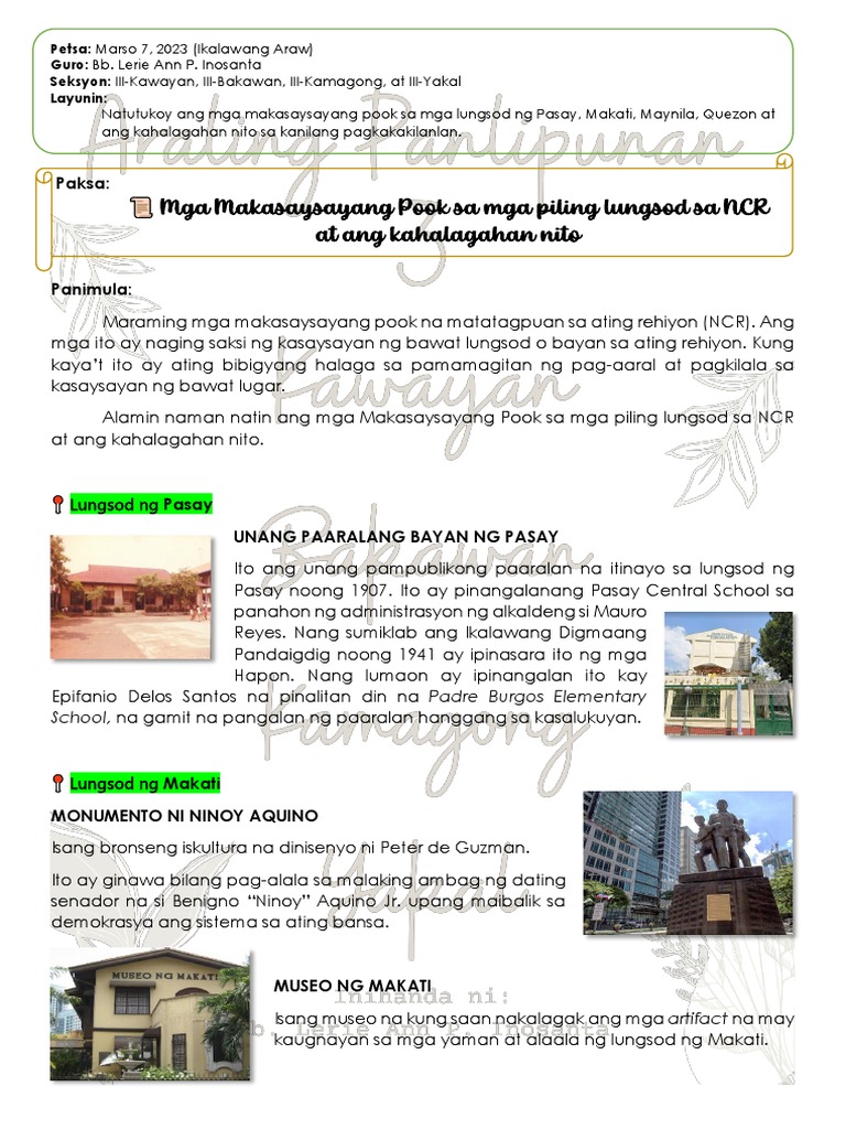 Mga Makasaysayang Lugar Sa Mga Piling Lungsod Sa NCR Day 2 | PDF