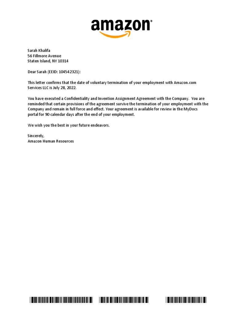 Amazon Voluntary Termination Letter | PDF | Business | Finance & Money Management
