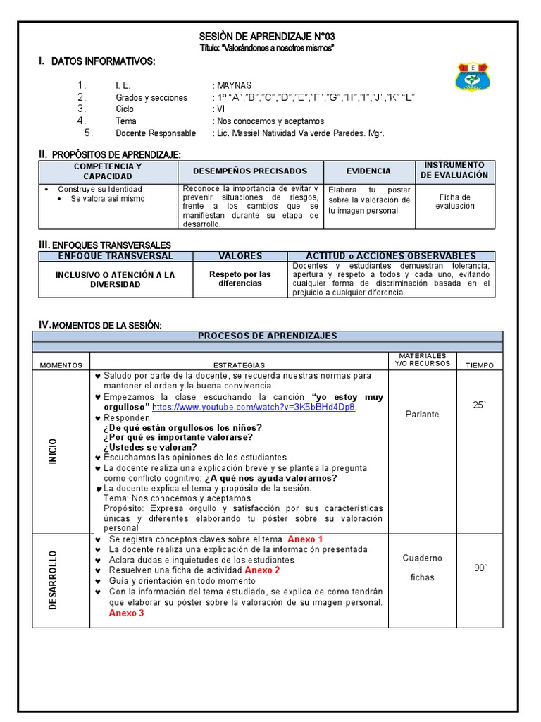 Sesiòn de Aprendizaje N°03: I. Datos Informativos | PDF | Evaluación | Autoestima