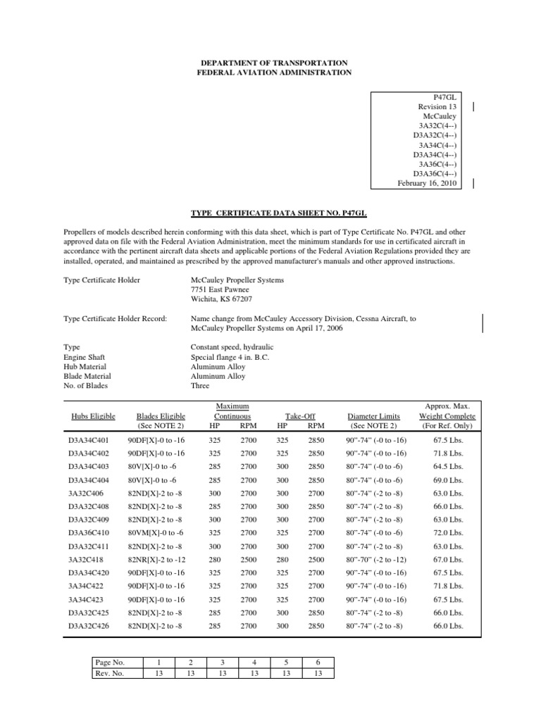 FAA Type Certificate Data Sheet for McCauley Propellers | PDF ...