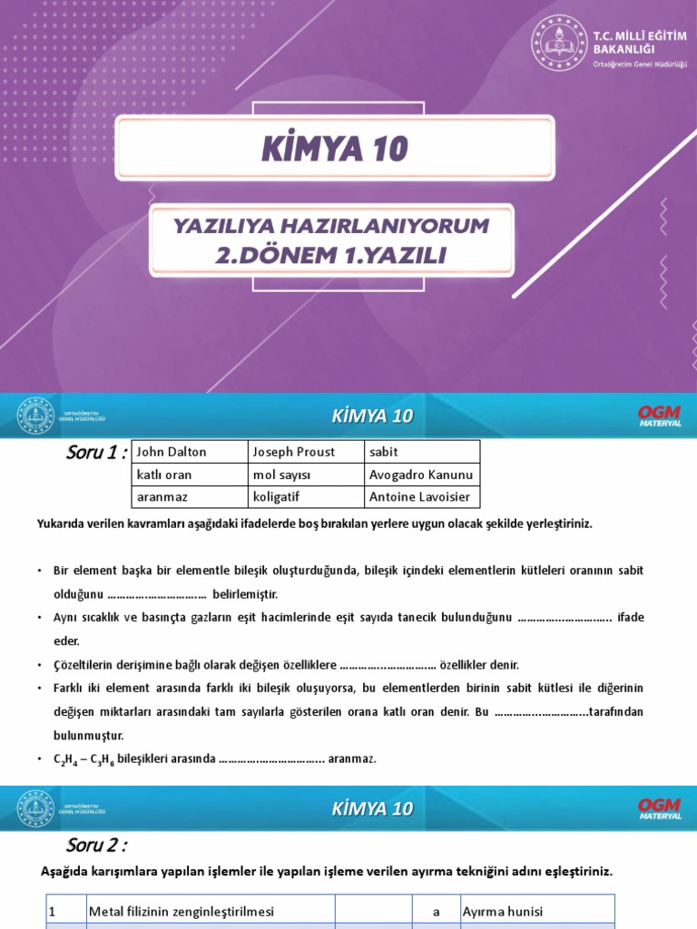 10.sinif Kimya 2.donem 1.yazili Sorulari | PDF