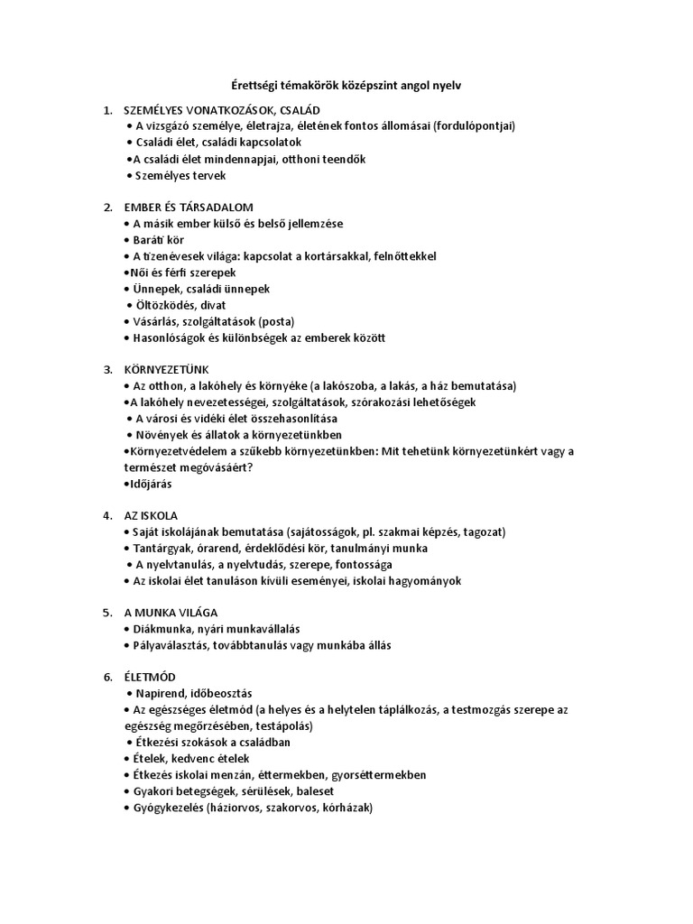 Érettségi témakörök középszint angol nyelv | PDF